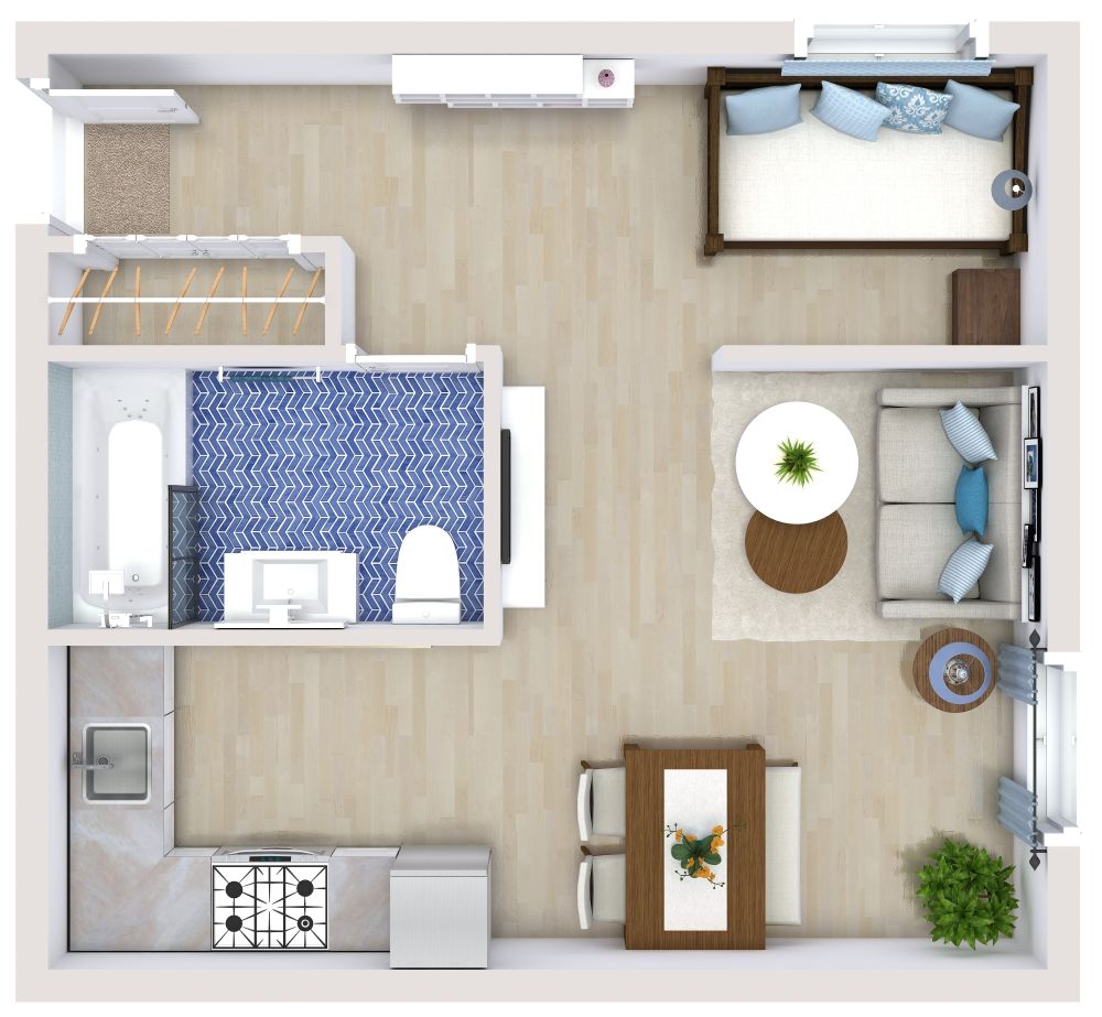 Platzsparendes Studio-Apartment mit großem Bad